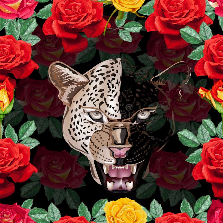 Leopard with Roses Seamless Pattern Stock Vector - Illustration of ...