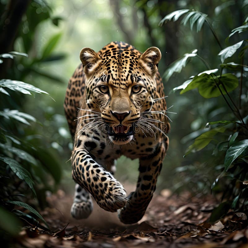 Leopard Running Towards Camera in Jungle. Stock Illustration ...