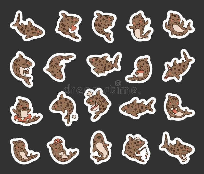 Leopard Shark Set with Adorable Marine Characters Stock Illustration ...