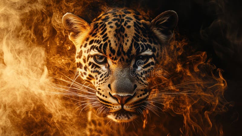 A Leopard is Shown in a Fire - Filled Photo Stock Illustration ...