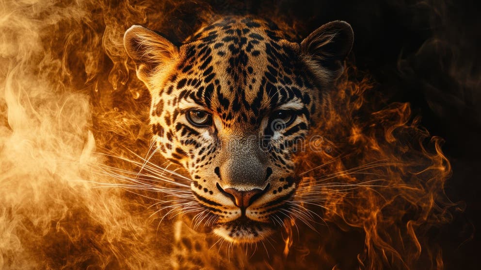 A Leopard is Shown in a Fire - Filled Photo Stock Illustration ...
