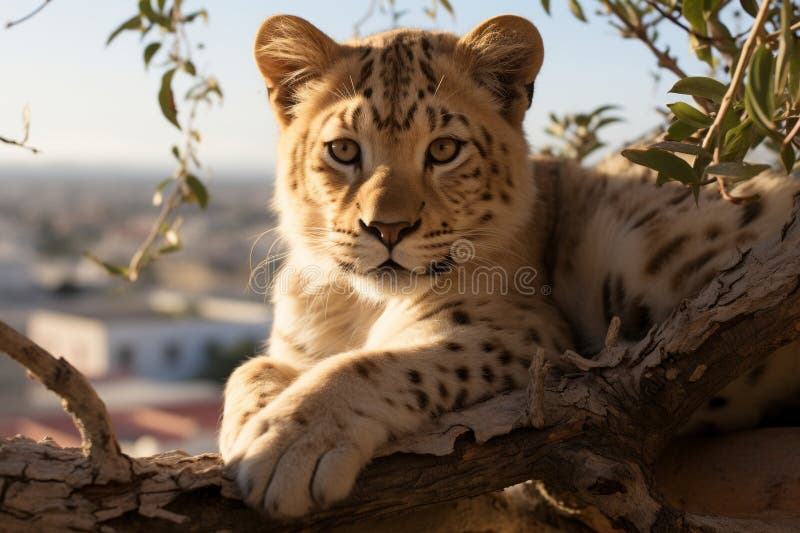 A Leopard is Sitting on a Branch in Front of a City Stock Illustration ...