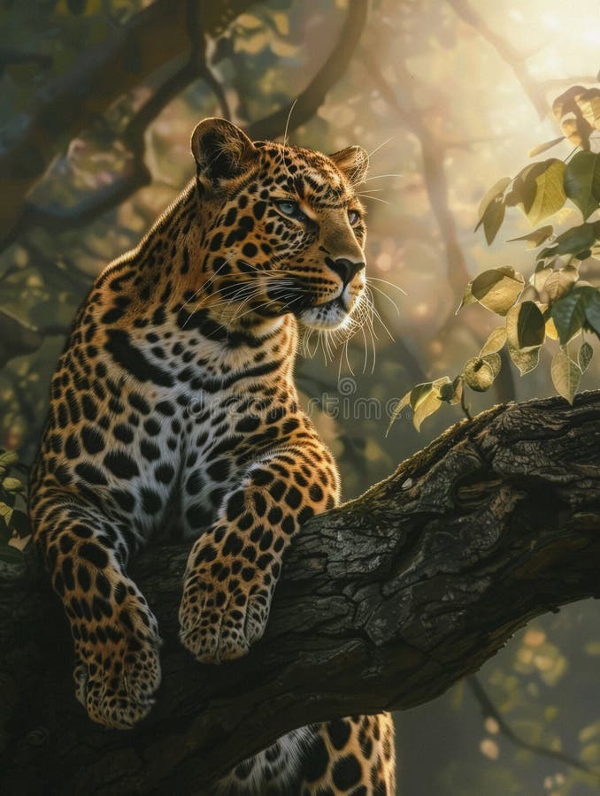 Leopard Sitting on Branch of Large Tree in the Jungle Stock Photo ...