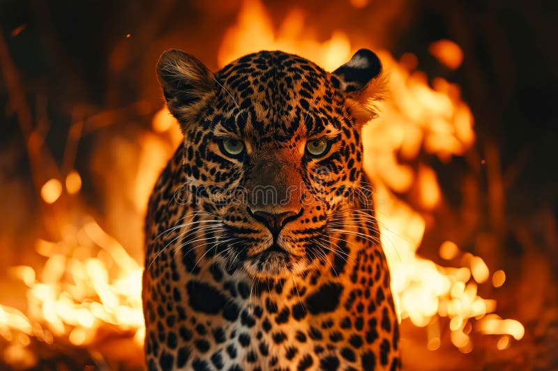 A Leopard Sitting in Front of a Fire in the Dark. Generative AI Stock ...