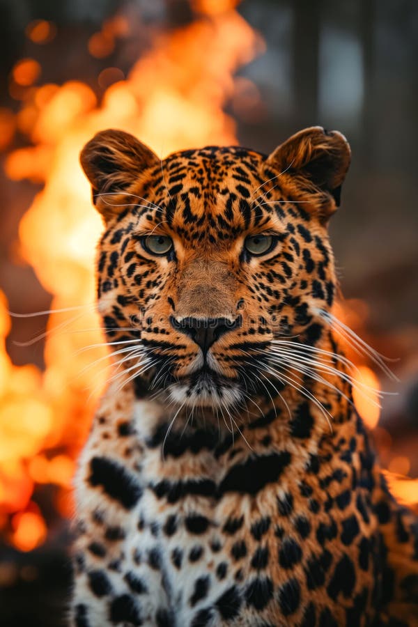 A Leopard Sitting in Front of a Fire. Generative AI Stock Image - Image ...