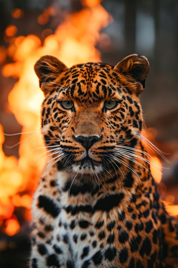 A Leopard Sitting in Front of a Fire. Generative AI Stock Image - Image ...