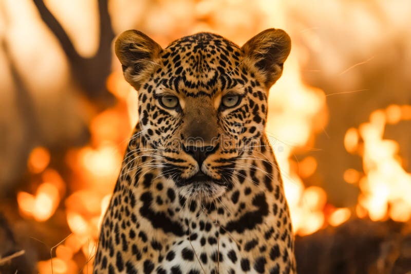 A Leopard Sitting in Front of a Fire in the Wild. Generative AI Stock ...