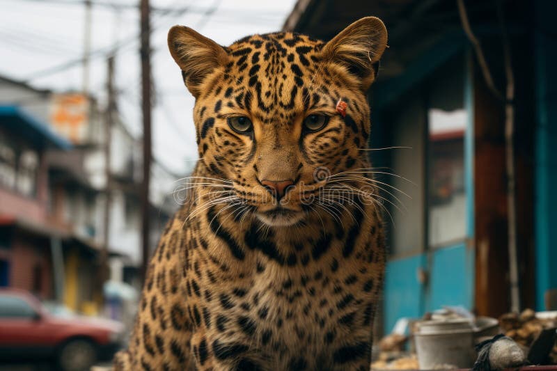 A Leopard is Sitting on the Ground in Front of a Building Stock ...