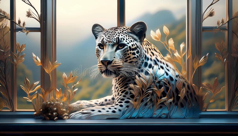 Leopard Sitting Near a Window, Wallpaper Stock Illustration ...