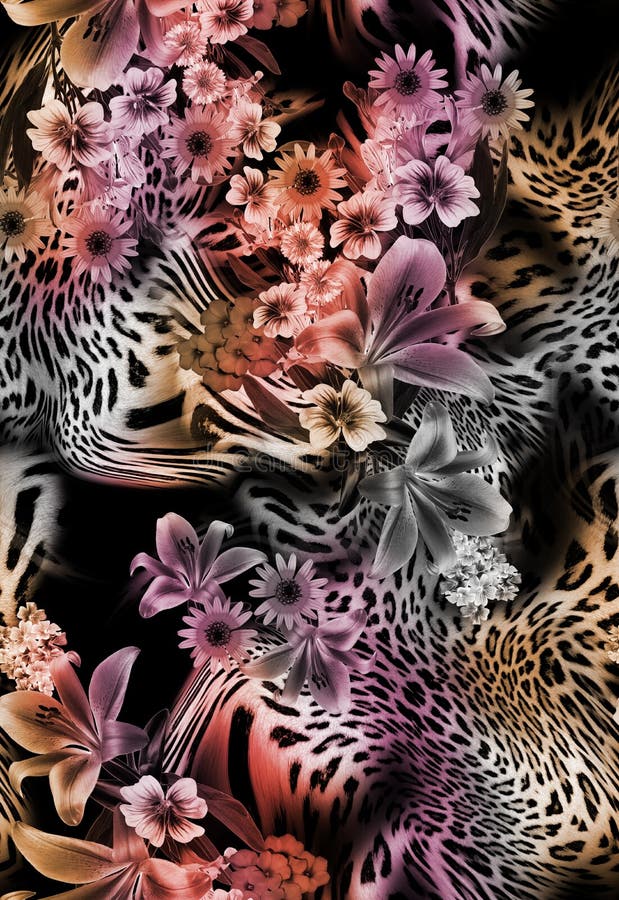 Pink Flowers Mix Leopard Pattern for Textile Stock Illustration ...