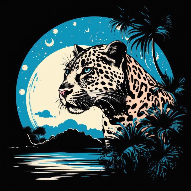 A Leopard Standing in Front of a Full Moon. Stock Illustration ...