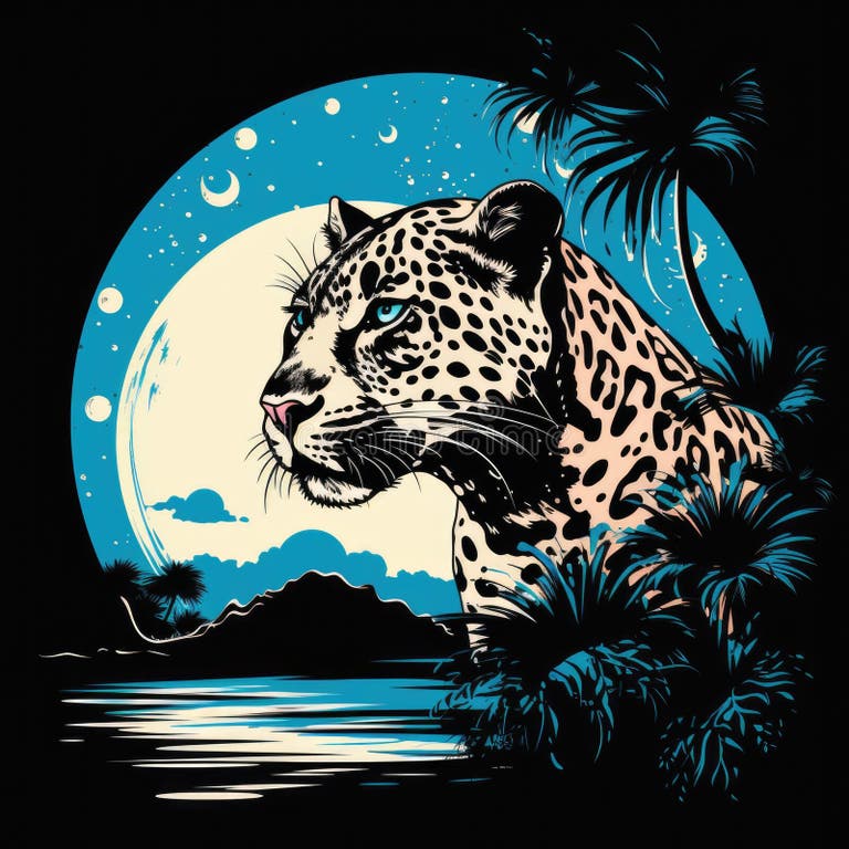 A Leopard Standing in Front of a Full Moon. Stock Illustration ...