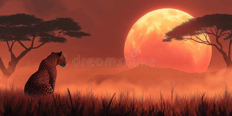 Leopard is Standing in the Grass in Front of a Large Orange Moon Stock ...