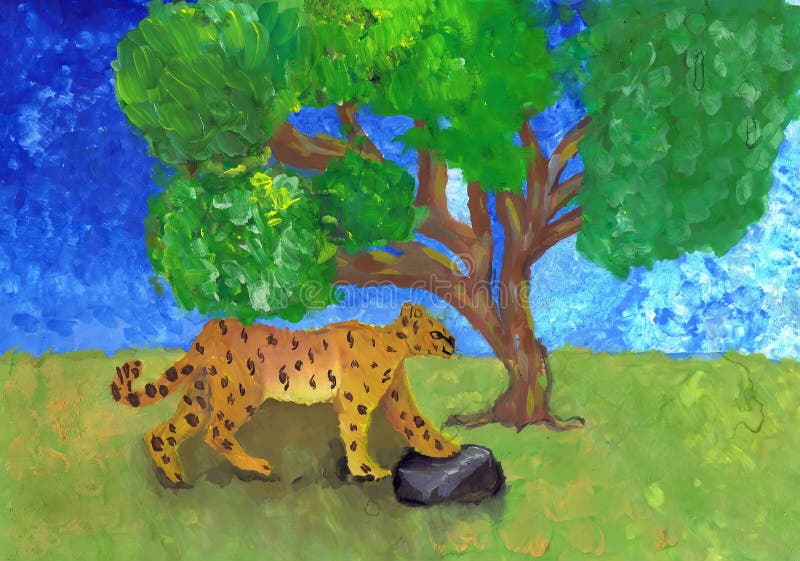 A Leopard Stands Under a Tree. Children S Drawing Stock Illustration ...