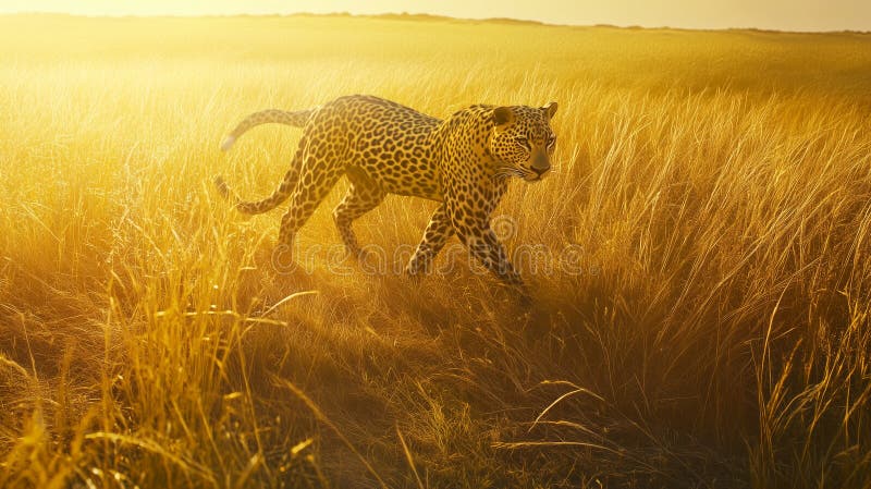 Leopard Stealth Walking in Sunlit Grassland Observing Its Prey Stock ...