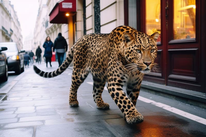 Leopard Strolling through a Bustling City Street, AI-generated. Stock ...