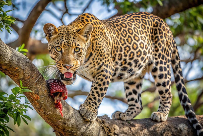 Leopard in Tree, Eating Prey, African Savanna Stock Illustration ...