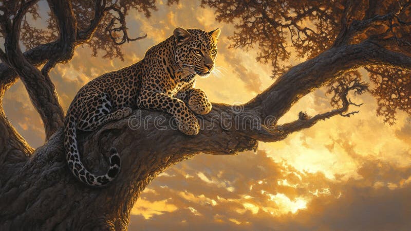 Leopard in Tree at Sunset in African Savanna Stock Illustration ...