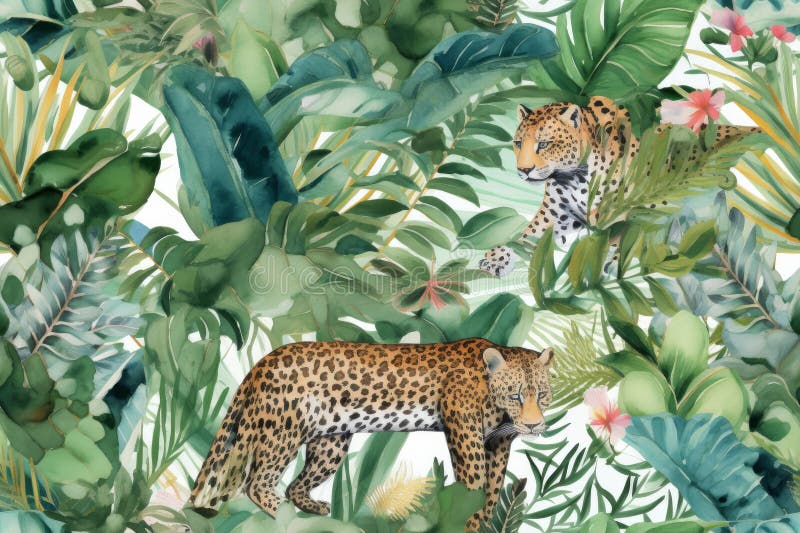 Leopard in a Tropical Jungle Perfect Seamless Watercolour Repeating ...