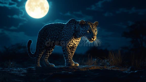 Leopard Under a Full Moon at Night in the African Savanna Stock ...