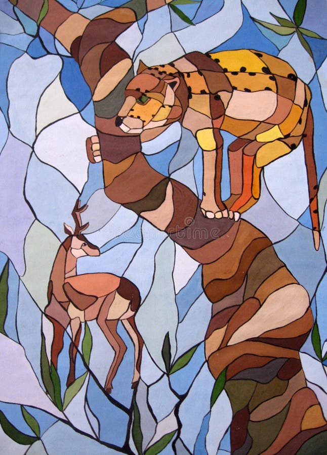 Leopard in Wait Attack a Tree-Mosaic Stock Illustration - Illustration ...