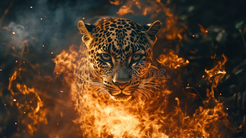 A Leopard is Walking through a Fire Filled Field Stock Illustration ...