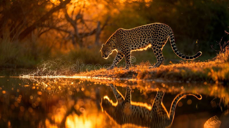 A Leopard Walking by a Water Body at Sunset with Its Reflection Visible ...