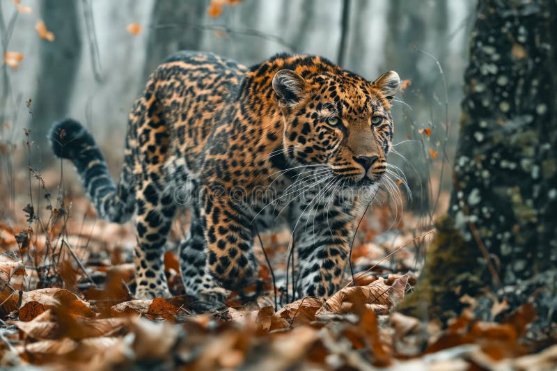 Leopard Walking through the Woods in the Fall. Generative AI Stock ...