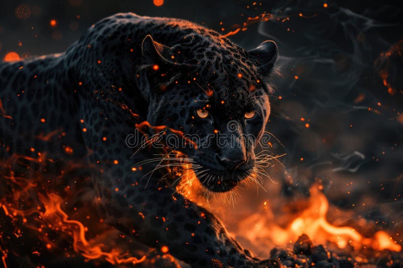 A Leopard Walks through a Fiery Landscape, with Flames Engulfing the ...