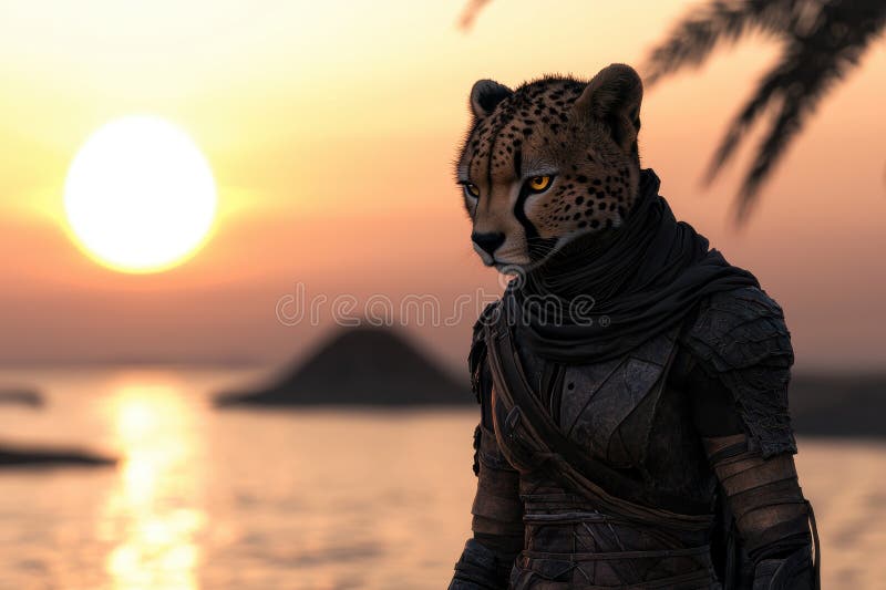 Leopard Warrior in Desert Sunset Landscape Stock Illustration ...