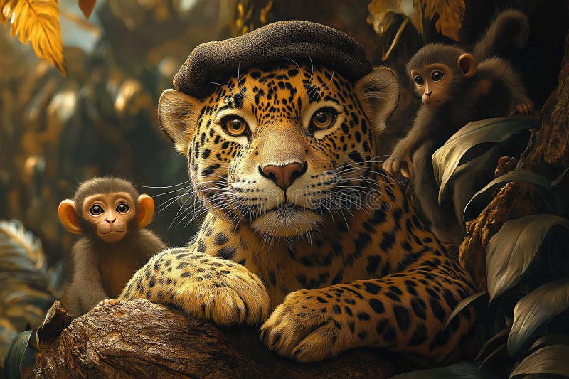 Leopard Wearing Beret Posing with Monkeys in Jungle Habitat Stock ...