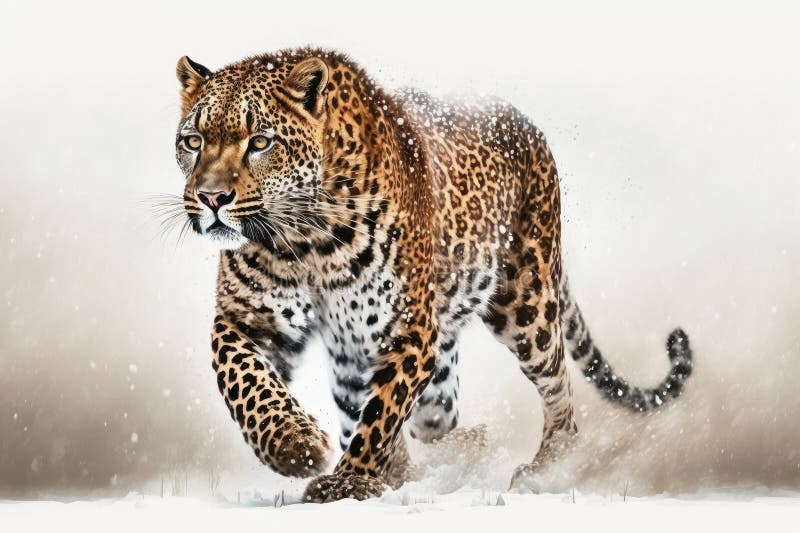 Leopard in Wild Winter Nature. Leopard Walking in the Snow Falling Down ...