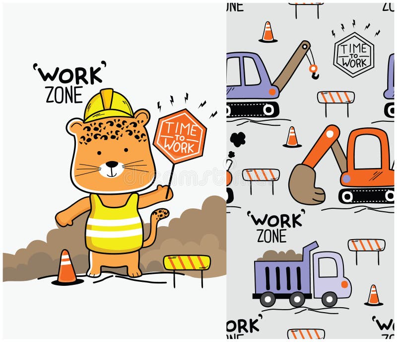 Leopard in the Work Zone Funny Cartoon with Seamless Pattern Stock ...