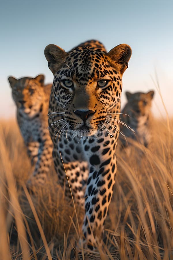 Leopards Standing in the Savanna with Setting Sun Shining. Stock ...