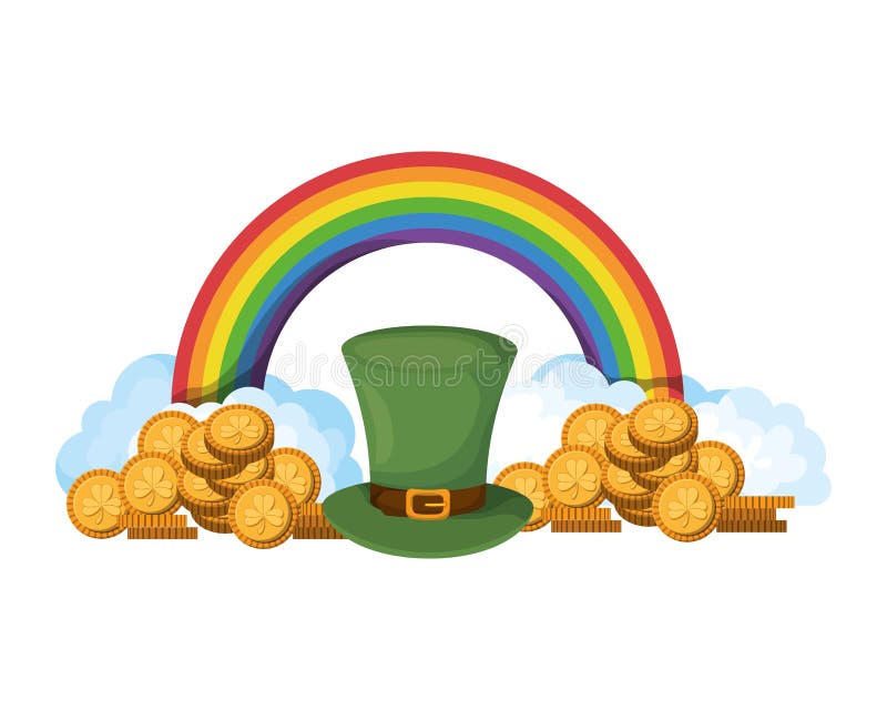 Leprechaun Hat with Coins and Rainbow Icons Stock Vector - Illustration ...