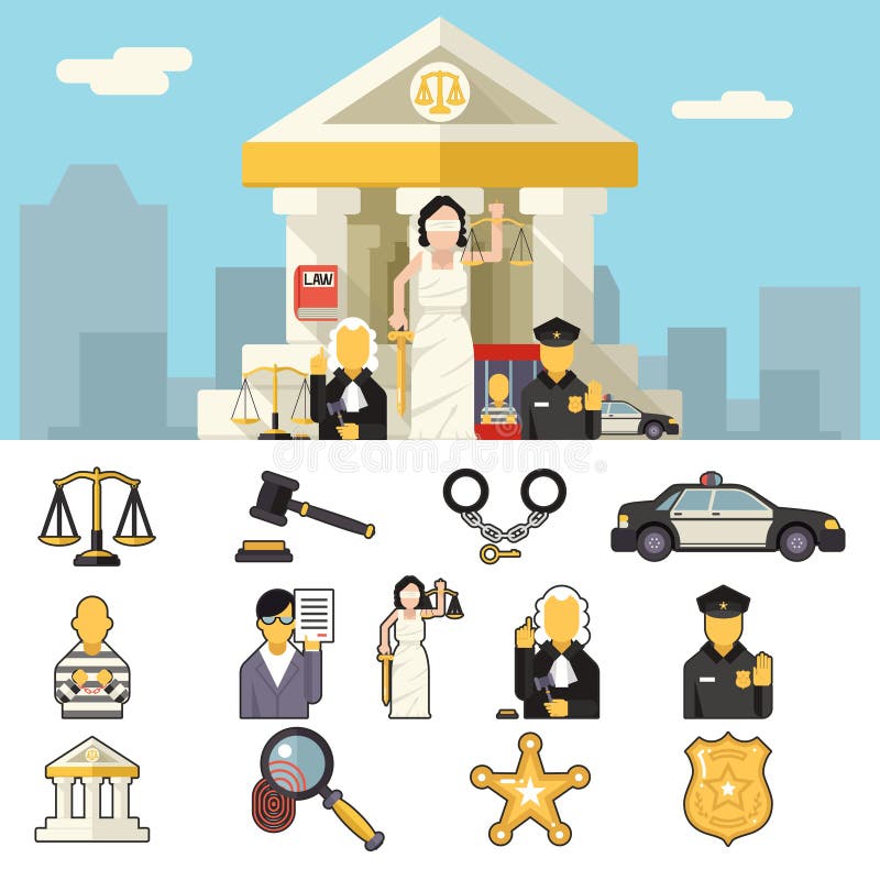 Les Icônes De Loi Ont Placé Le Juge Symbol Concept Sur La Ville ... Les Icônes De Loi Ont Placé Le Juge Symbol Concept Sur La Ville ...