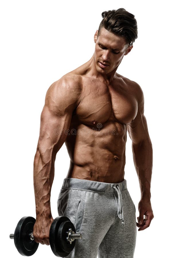 Le Jeune Bodybuilder Beau Montre Des Muscles Sur Les Bras Coffre Et