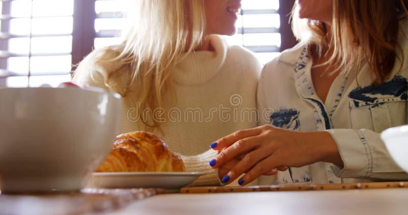 Lesbian Couple Caressing Each Other Hand On Table 4k Stock Video