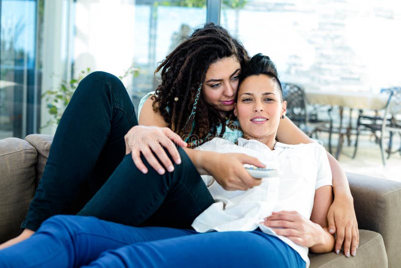 Lesbian Couple Watching Television Stock Image Image Of House Focus