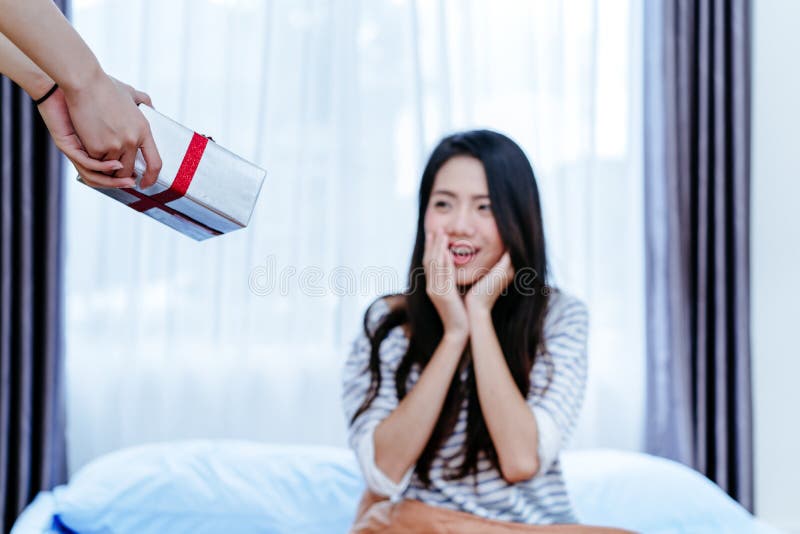Lesbian Lgbt Couple Surprise With T Box Give To Girlfriend Stock Image Image Of Bedroom 5145