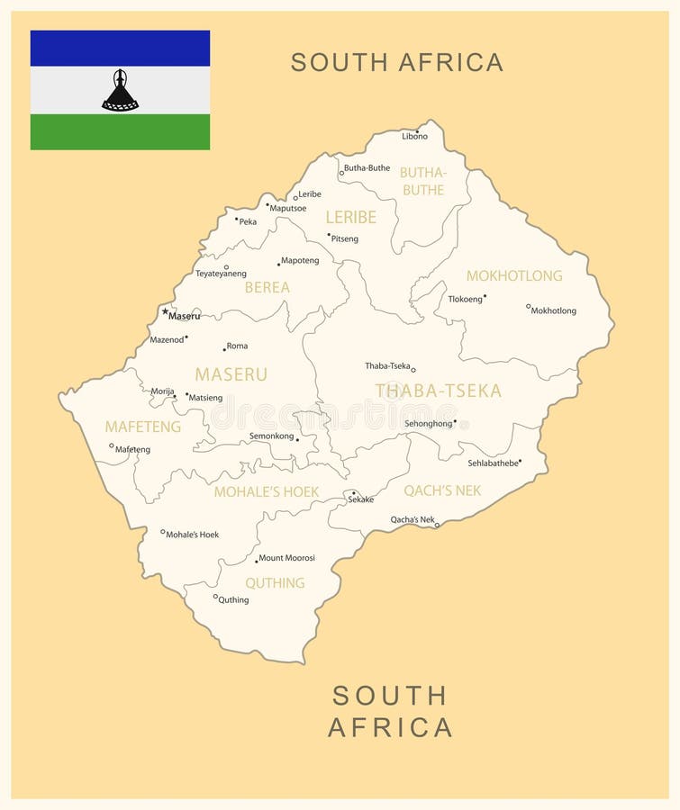 Lesotho - Detailed Map with Administrative Divisions and Country Flag ...