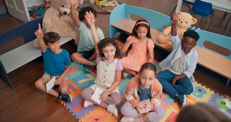 Lesson, Children or Hands Raised with Question in Classroom for ...