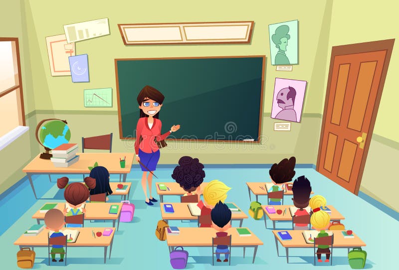 Cartoon Teacher Woman At Blackboard Teaching Children In School ...
