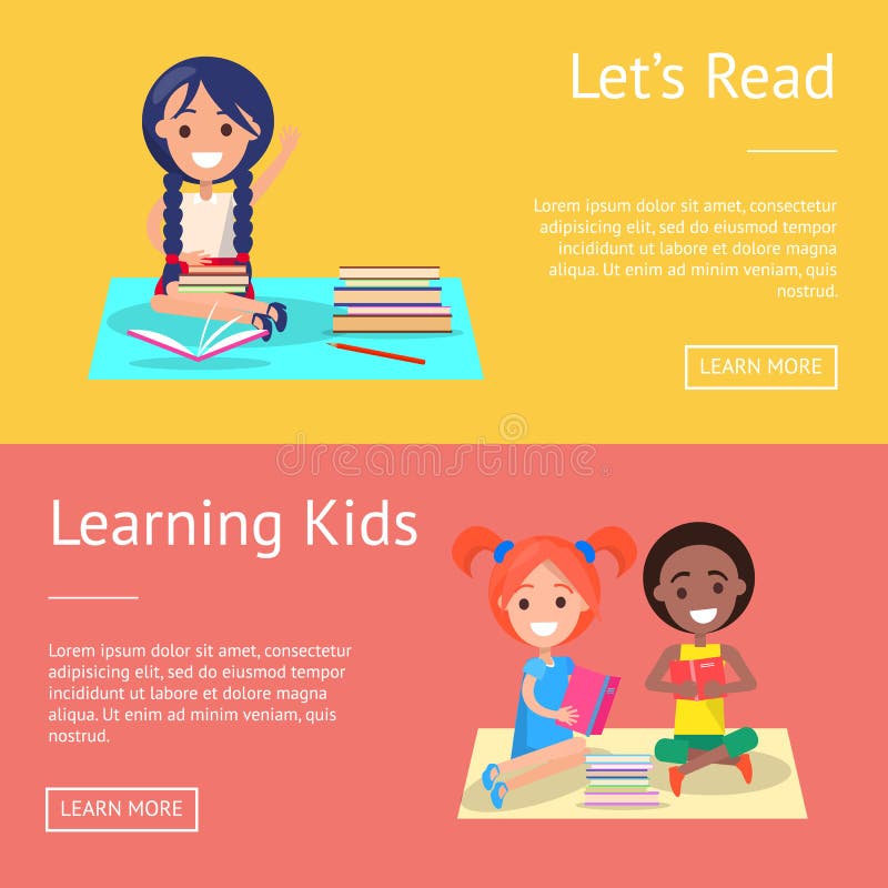 Let Read Learning Kids Banners with Schoolchildren Stock Vector ...