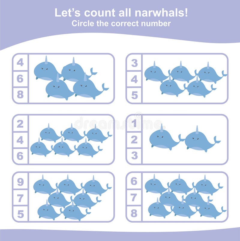 Counting All Narwhals Game for Preschool Children. Educational Printable Math Worksheet ...