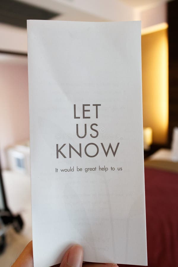 Let Us Know Envelop Template in Hotel Room Stock Photo - Image of text ...