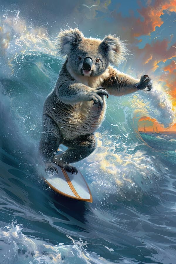 A Lethargic Koala on a Surfboard Riding a Massive Fastmoving Wave ...