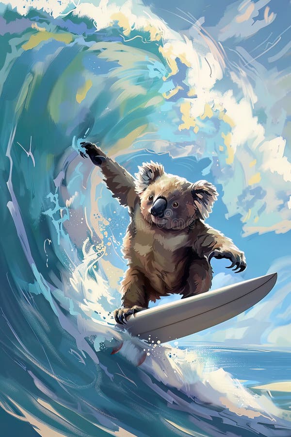 A Lethargic Koala on a Surfboard Riding a Massive Fastmoving Wave ...