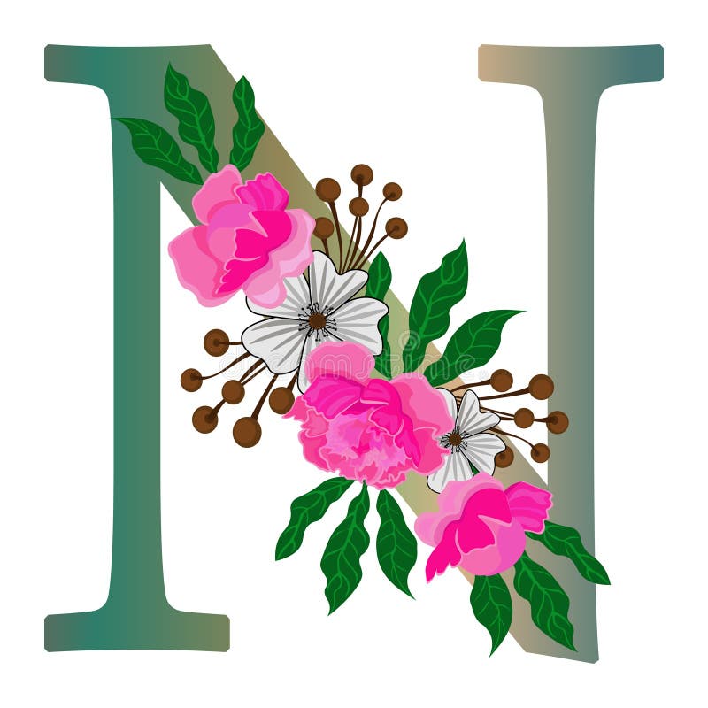 Letra N Con Flores Aisladas De Fondo Blanco. Ilustración del Vector ...