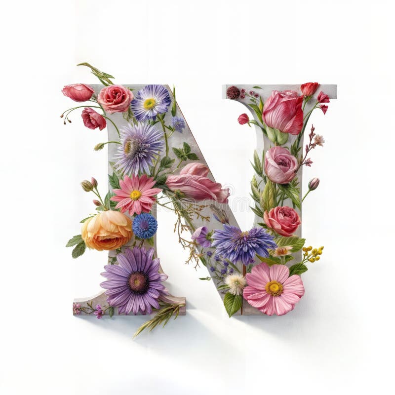 Letra N Decorada Con Flores Variadas Sobre Fondo Blanco Stock de ...